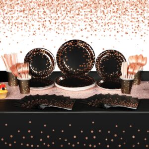 capoda black and rose gold party supplies serve 24 guest rose gold dot on black paper plate napkin cup disposable tablecloth sequin table runner cutlery for wedding bridal shower birthday decorations