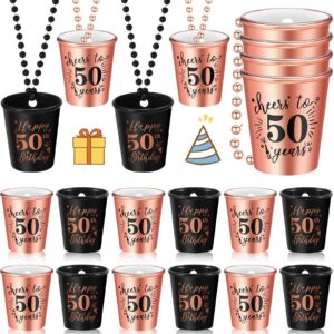 uiifan 12 pieces 40th 50th 60th shot glasses necklace birthday plastic cups necklace on beaded for birthday party anniversary supplies, black and rose gold(50th)