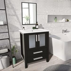 luckwind 24" modern bathroom vanity with sink combo, black mdf bathroom storage cabinet with overflow 3-hole drop in ceramic vessel sink top & mirror, excluding faucet