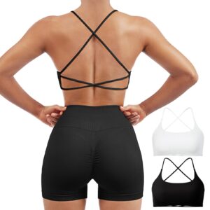 suuksess women 2 piece open back sports bra pack strappy workout gym yoga crops (white & black, l)