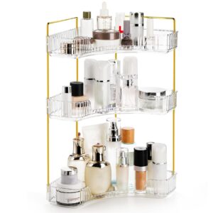 cididu 3 tiers bathroom counter organizer, clear corner shelf storage rack, cosmetic perfume standing holder with gold metal pole, skincare sink organizer for vanity countertop