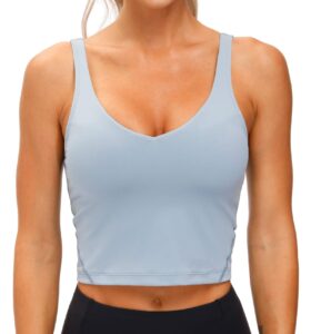 women’s longline sports bra wirefree padded medium support yoga bras gym running workout tank tops (denim blue, medium)