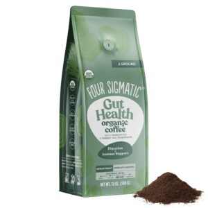 four sigmatic happy gut organic ground coffee | medium roast, immune boosting probiotic mushroom coffee with chaga & turkey tail for gut health & immune support | 12oz bag