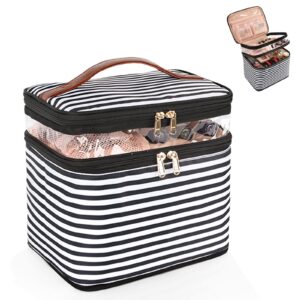 ocheal large makeup bag, double layer makeup bag, vertical storage cosmetic case for women/girls with multiple compartments-black and white stripes