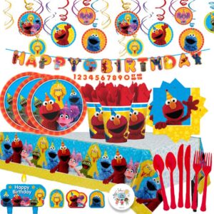 mega sesame street elmo party supplies with tableware, candle, cutlery, birthday banner , decoration for 16 by amscan