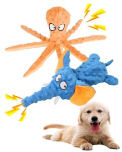 2 pcs dog toys, squeaky dog toys, no stuffing plush dog toys, chew toys with crinkle for puppy teething, durable pet toys for small medium dogs, elephant blue + octopus dog toys