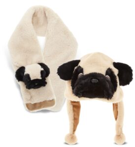 dollibu pug dog plush hat and scarf set – super soft pug dog stuffed animal on hat and scarf, cozy winter and snow accessories for kids and adults–one size