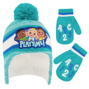 cocomelon toddler winter hat and mitten, kids beanie with sherpa lining set, jj, tomtom & yoyo, for ages 2-4