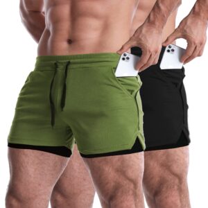 everworth men's 2 in 1 workout shorts 5" quick dry gym shorts bodybuilding short shorts compression shorts with zipper pocket 2 pack greenbk us m