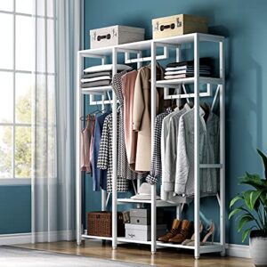 tribesigns freestanding closet organizer, industrial 3 rod garment rack with 4-tier storage shelf, rustic wardrobe rack clothes rack for hanging clothes and storage (white)