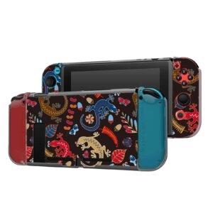 dockable case compatible with switch console and joy-con controller, patterned ( lizards, leaves, flowers and acorns on a black background ) protective case cover with tempered glass screen