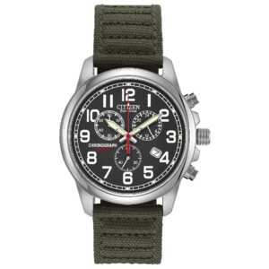 citizen eco-drive garrison quartz men's watch, stainless steel with nylon strap, field watch, green (model: at0200-05e)