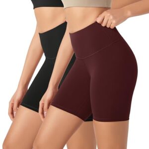 ododos odcloud 2-pack buttery soft lounge yoga shorts for women 6" inseam high waist non see through biker shorts, black+burgundy, large