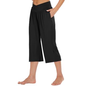 faylr womens wide leg capri yoga lounge summer loose pullover crossover high waist capri pants with pockets black large