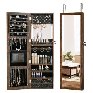 masmire full length mirror jewelry armoire with built-in touch light - 47.3' h cabinet with wall mount/over the door mirror, jewelry storage and 4 drawers - rustic brown