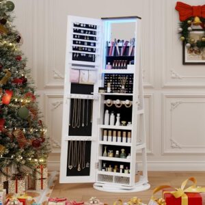 huaeu full length mirror with storage, 360° swivel mirror jewelry cabinet standing, rotating jewelry armoire with full length mirror, 3 color led lights lockable jewelry mirror for christmas, wood