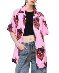 aelfric eden oversized graphic printed shirts casual button down short sleeve tees summer streetwear tops pink