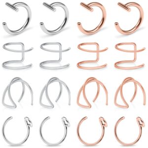 ftovosyo fake lip rings t shaped stainless steel gothic clip on non piercing nose ring double cartilage helix earrings ear cuff for women men silver-tone rose gold