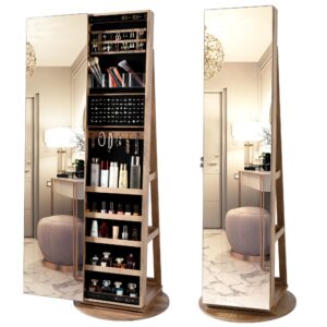 lvsomt 360° swivel jewelry cabinet with full length mirror, 63" large jewelry armoire organizer, lockable mirror with jewelry storage, floor standing mirror, rear storage shelves