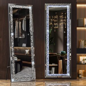 hasipu full-length mirror 63”×20” with lights and crystal crush diamond, wall mounted hanging diamond mirror leaning for living room bedroom