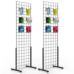 bonnlo 6' x 2' wire grid panel tower with t-base floorstanding, thicker 5mm wire, 180 lbs weight capacity grid wall display rack with hooks 4", 6" and 8", 2-pack black