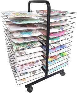 drying & print racks，back-to-back 13-shelf mobile drying rack with 26 wire shelves for mobile classrooms art studios and home use