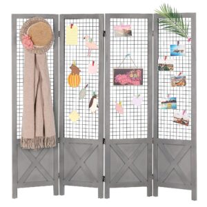 wnutrees 4 panel gridwall display, portable freestanding display board for craft/art shows, retail, events, decorative wood room divider folding screens, grey