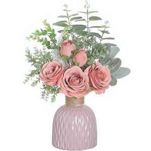 artificial flowers with ceramic vase,faux silk roses and fake plant eucalyptus in vase for centerpiece table decorations, living room,dining table,fireplace,office,farmhouse,home decor(dusty pink)