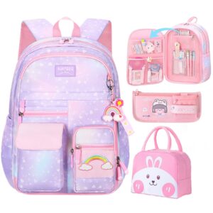 ihzz kawaii backpack, pink backpack for girls, kid starry rainbow bookbag, cute backpack for kids, aesthetic backpack, purple(3 pcs set)