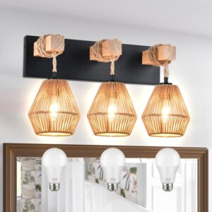 illmtw 3-light bathroom vanity lights over mirror,farmhouse wood vanity light fixtures for bathroom,boho rustic adjustable color with woven rattan wicker wall sconces for hallway bedroom living room