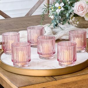 blush pink vintage ribbed glass tealight votive candle holders by kate aspen (set of 6), pink decor, boho decor, shelf decoration, rose gold look | perfect hostess gift