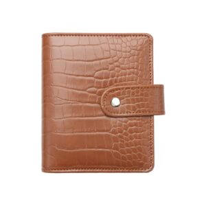 a7 crocodile budget planner, brown leather wallet with snap closure, 6-ring binder cover for money saving organizer