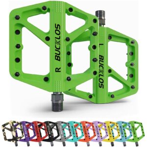 bucklos mountain bike pedals mtb pedals flat, bicycle road bike adult large platform pedal with non-slip grips for gravel/ebike/hybrid bikes/beach cruiser(9/16 nylon green)