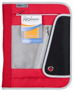 mead pro platinum zipper binder with interior expanding file, 1-1/2 inch 3 ring binder, heavy duty, red (88006)