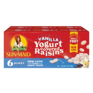 sun-maid vanilla yogurt coated raisins - (6 pack) 1 oz snack-size box - yogurt covered dried fruit snack for lunches and snacks