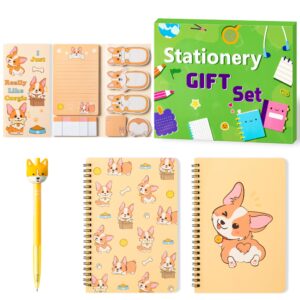 xqumoi corgi sticky note a5 notebooks pen stationery set - corgi self-stick notes pads 2 pack spiral notebooks black gel ballpoint pen back to school office supplies teacher appreciation gift with box