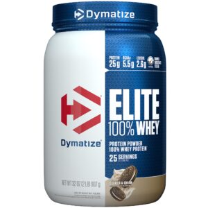 dymatize elite 100% whey protein powder, 25g protein, 5.5g bcaas & 2.7g l-leucine, quick absorbing & fast digesting for optimal muscle recovery, cookies & cream, 2 pound, 25 servings