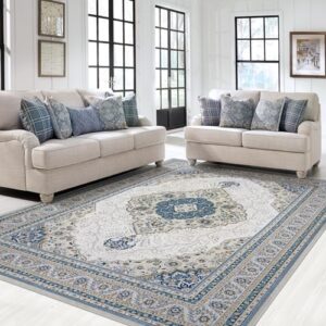 area rug living room rugs: 9x12 machine washable rug soft low pile area rug with non-slip backing, medallion floor carpet for bedroom dining room nursery home office-blue/cream