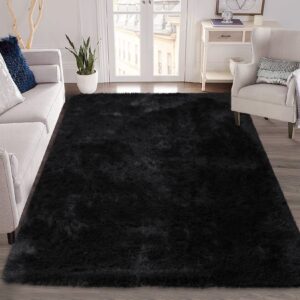 glowsol shaggy area rug 9×12 large fluffy rugs shaggy rug for living room thick furry rugs ultra soft fuzzy rug non slip faux fur area rug, black 9x12