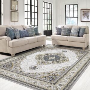 aelenmu washable rugs for living room: 9x12 area low pile soft rug with non-slip backing non-shedding, medallion floor carpet bedroom dining room nursery home office-beige