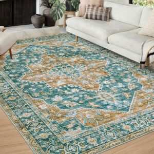 caremee area rugs 9x12 living room vintage rug medallion area rug indoor floral distressed carpet machine washable accent rug non-slip thin rug low pile living room bedroom dining room dorm green