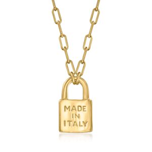 ross-simons italian 18kt gold over sterling made in italy lock pendant paper clip link necklace. 18 inches