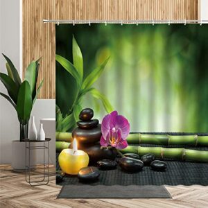 spa shower curtain, meditation and picture of bamboo stalks candle and basalt stones theraphy relaxing shower curtains, cloth fabric bathroom decor set bath curtians with 12hooks, multicolor,72x72i