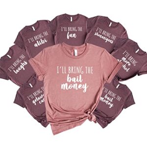 fastdeliverytees bachelorette party favors t shirt - bridesmaid shirts, bachelorette party shirt, bridal party shirts-i'll bring the bail money-heather mauve-bail money_m