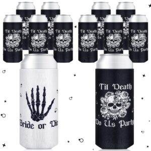 dandat 12 pcs bride or die bachelorette party can sleeves till death beverage sleeves neoprene drink cans covers bride or die bachelorette party decorations gothic skeleton(white, black)