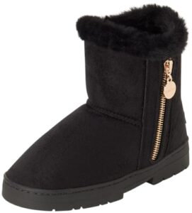 bebe girls' winter boots - faux shearling booties with charm side zip - boots for girls - fuzzy house shoe slippers (11-4), size 1 little kid, black