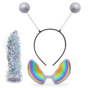 farochy costume headwear - silver alien headband with glasses and holographic glitter, halloween, cosplay party, christmas, birthday, unisex, partygoers, families, all ages