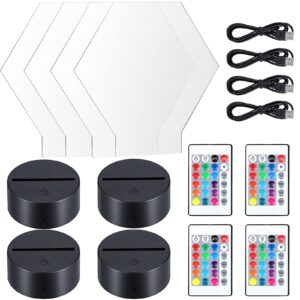 4 set 3d night light led lamp base with clear acrylic sheets remote controls and charging cables adjustable 16 colors 4 modes for child room bar(hexagon style)