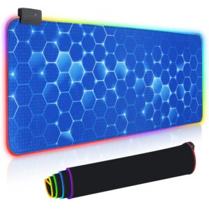 simeego rgb gaming mouse pad, led mouse pad with 14 lighting mods large sized soft mousepad, waterproof, low friction hard surface keyboard mouse mat for gaming and work -31.5×11.8 (honeycomb hexagon)