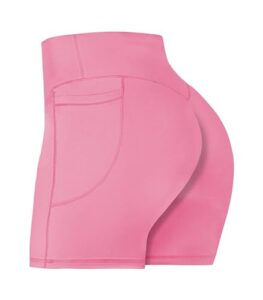 sunzel no front seam biker shorts for women with pockets, yoga workout gym bike shorts with tummy control 5" bubblegum pink medium